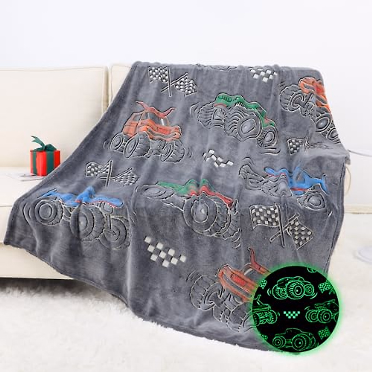 OHOIT Glow in The Dark Blanket for Kids Cute Truck Blanket Boys Blanket for Sofa Couch Bed Birthday Christmas Valentine's Day Easter Gifts for Kids Boys