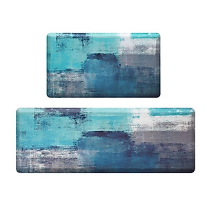 ASPMIZ Kitchen Mat 2 PCS - Cushioned Anti-Fatigue Kitchen Rugs Non Slip Memory Foam Kitchen Mats and Rugs Turquoise Kitchen Floor Comfort Mats for Home, 18'' x 48'' + 18'' x 30'', Beveled Edge