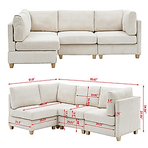 126"Modern Modular Sectional Sofa,L-Shaped Corduroy Fabric Modular Sofa with Movable Ottoman and Pillows,4 Seater Convertible Sleeper Sectional Couches for Small Living Room (Beige, 126"L-4 Seater)