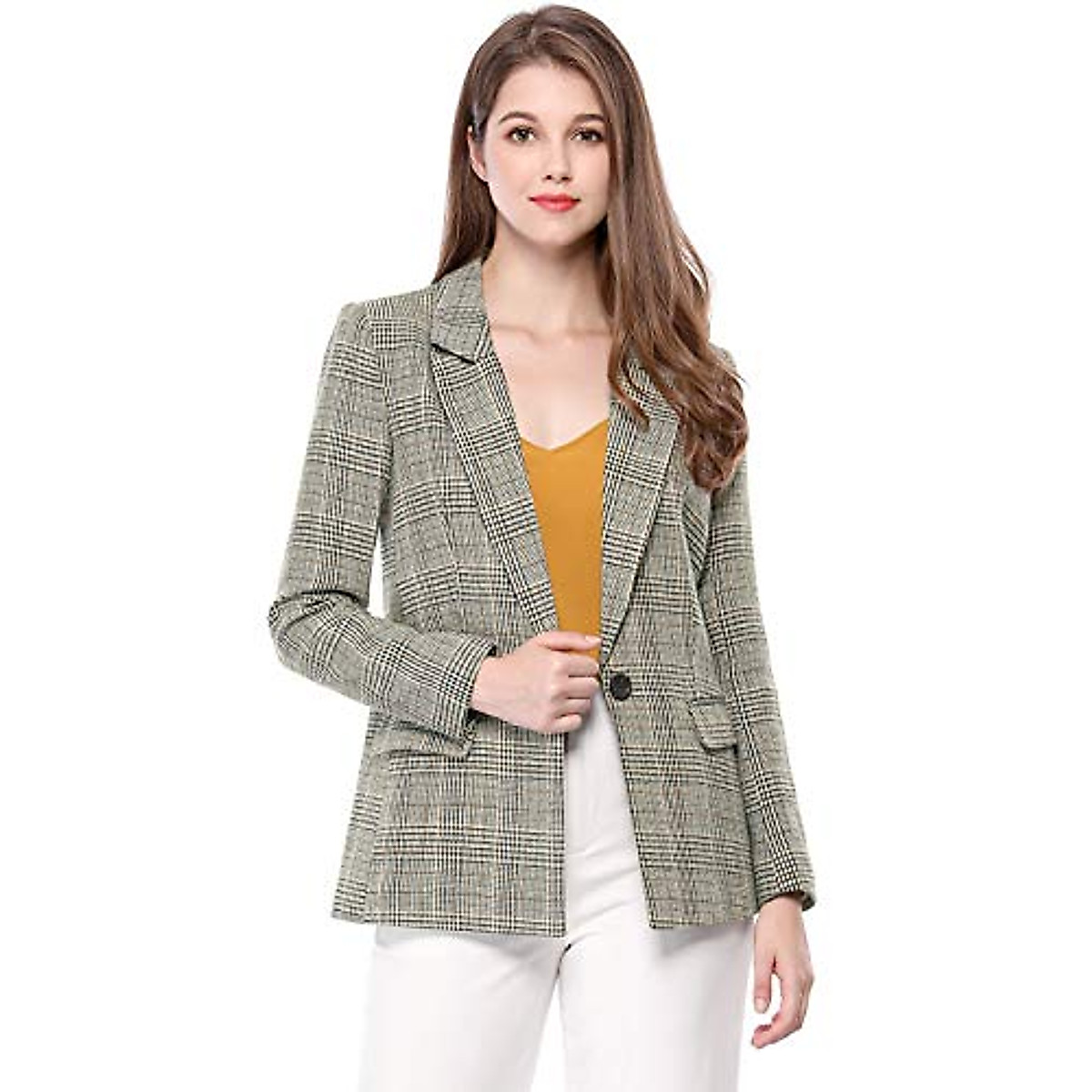 Allegra K Women's Notched Lapel One Button Boyfriend Blazer Suit Plaid Blazer Jacket Medium Black