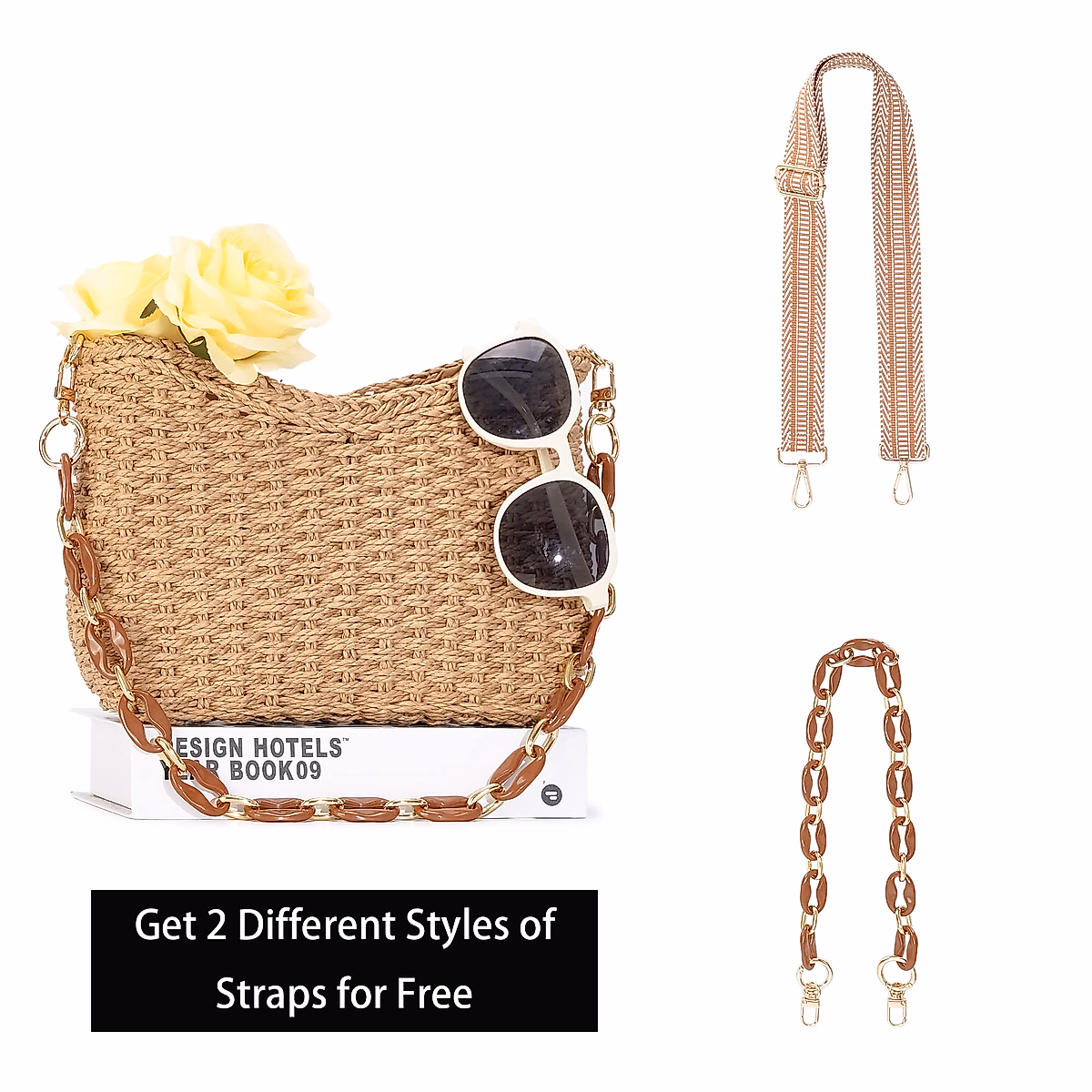 Herald Small Handmade Straw Crossbody Bag for Women, Summer Chic Woven Handbag Shoulder Purse with Chain & Guitar Strap (Coffee)