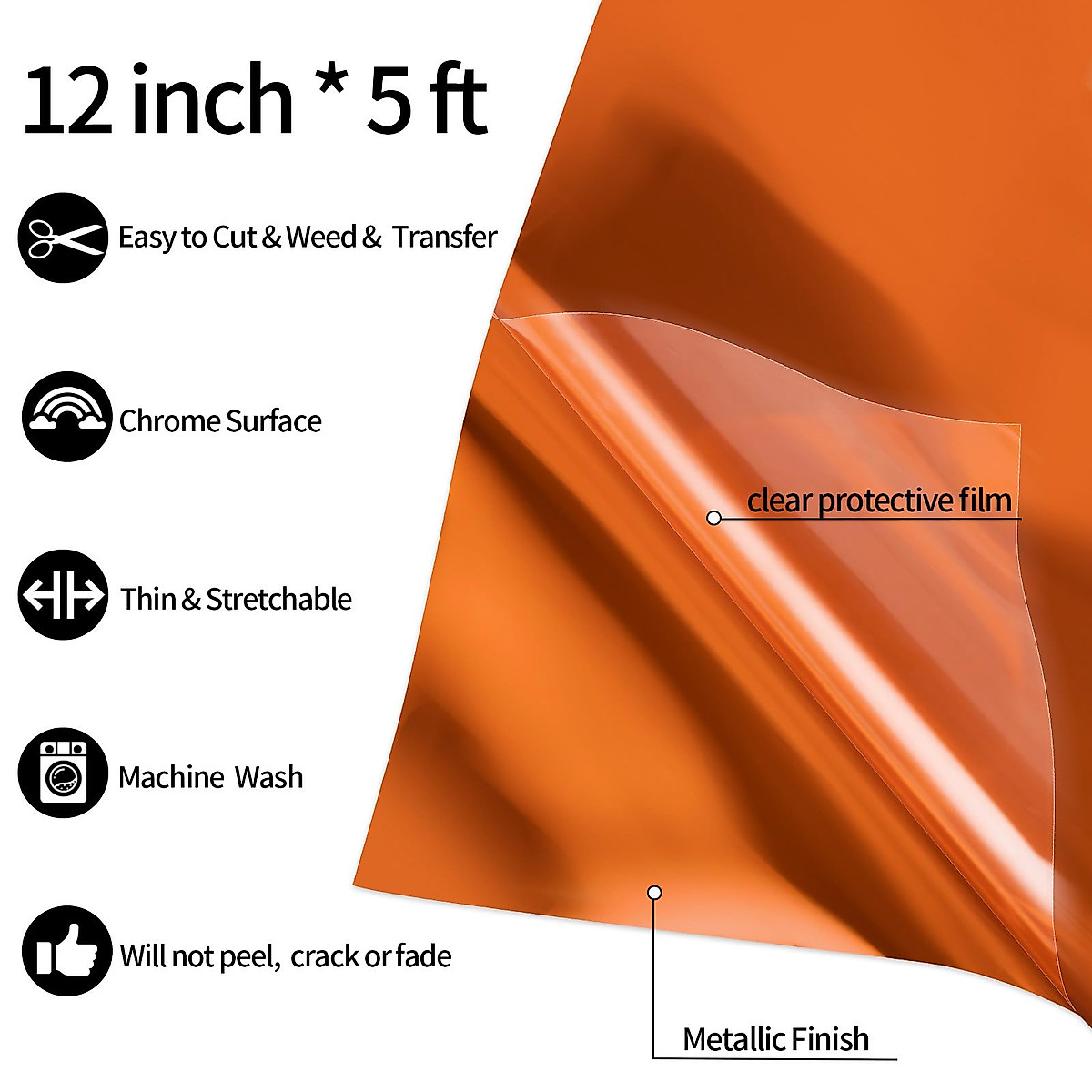 VINYL FROG Metallic Foil HTV Vinyl Roll 12"x5ft Orange Chrome Heat Transfer Vinyl Iron on Vinyl Easy to Cut & Weed DIY Heat Press Design for T-Shirts