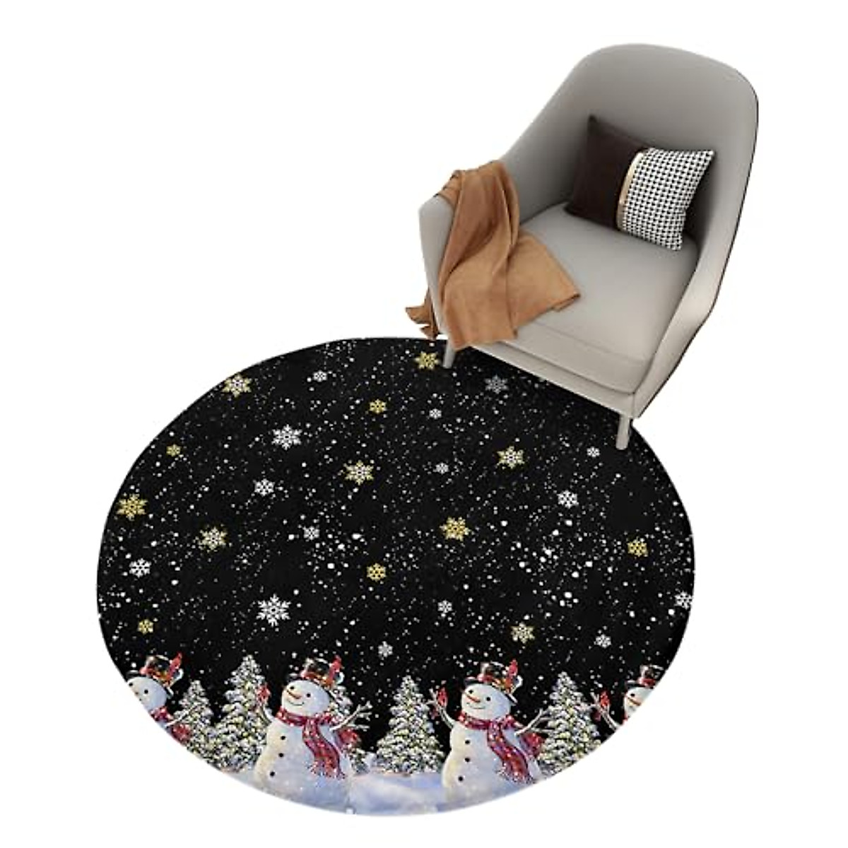 Christmas Black Fluffy Round Area Rug Carpets 3ft, Plush Shaggy Carpet Soft Circular Rugs, Non-Slip Fuzzy Accent Floor Mat for Living Room Bedroom Nursery Home Decor Snowman Gold Snowflake Xmas Tree