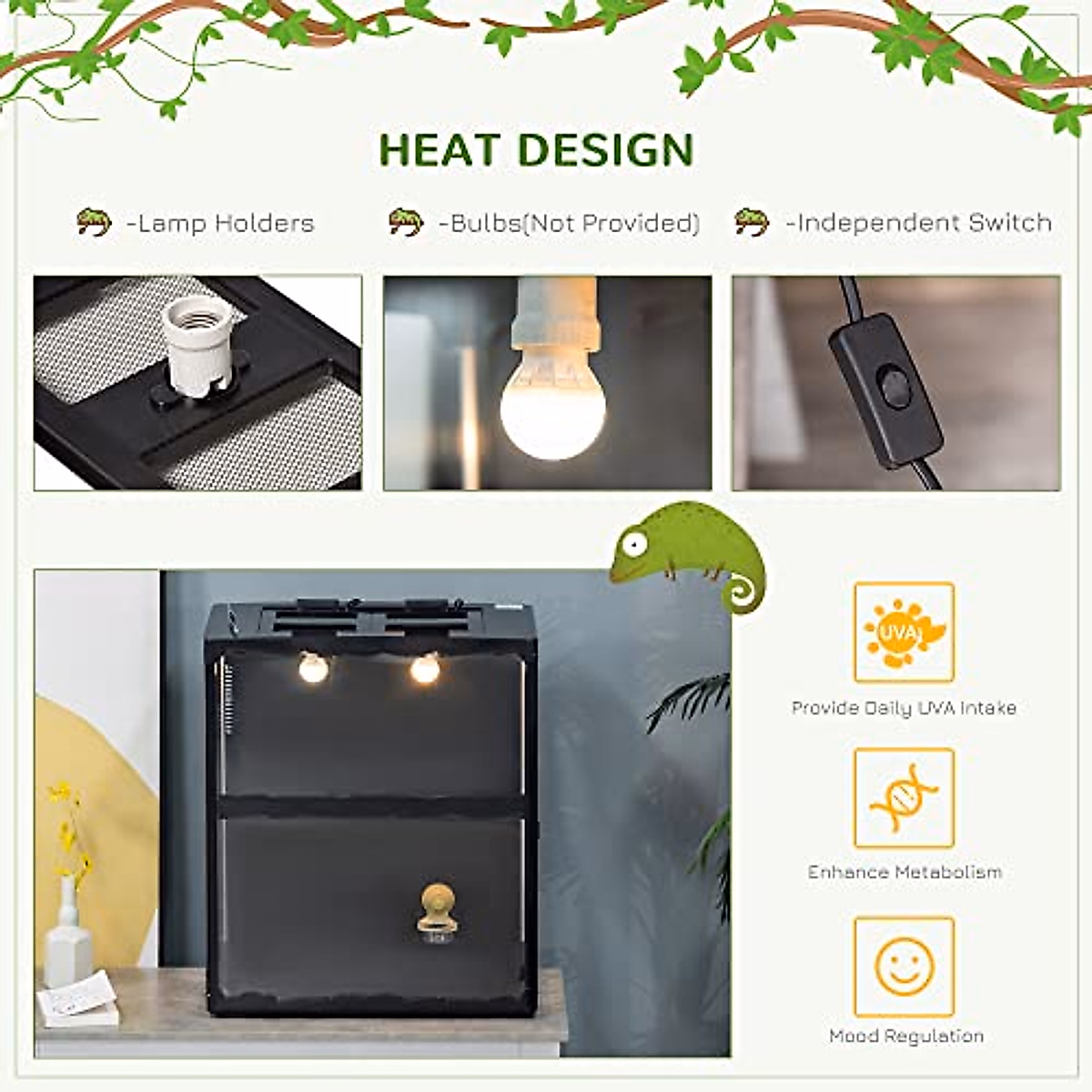 PawHut Reptile Glass Terrarium Tank, Breeding Box with Screen Ventilation, Lamp Holders, Hanging Basin for Lizards, Chameleon, Tortoise, 23.5" x 16" x 28"