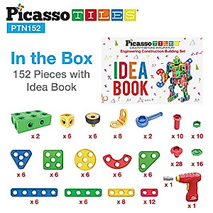 PicassoTiles 152 Pieces Building Block Set Kid Toy STEM Construction Sensory Toys Gifts Engineering Kit Educational w/Idea Book Design Guide, Storage Carry Box, Power Drill, Ratchet, Age 3+ PTN152
