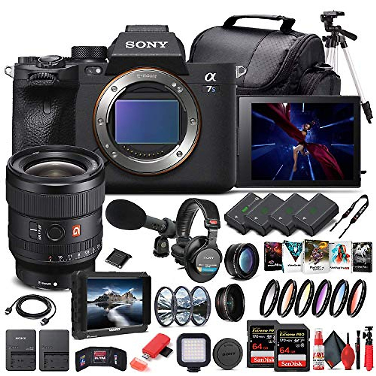 Sony Alpha a7S III Mirrorless Digital Camera (Body Only) (ILCE7SM3/B) + Sony FE 24mm Lens + 4K Monitor + Pro Headphones + Pro Mic + 2 x 64GB Memory Card + 3 x NP-FZ-100 Battery + More (Renewed)