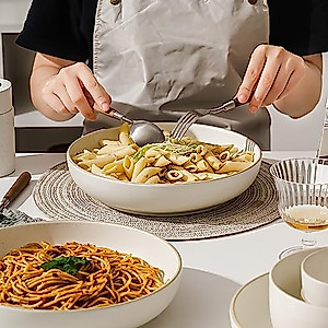 S&Q'S CERAMICS Large Serving Bowls Set of 4, 65 Ounce Large Salad Bowls,10'' Ceramic Wide Shallow Bowl Plates, Big Serving Dishes for Party, Entertaining, Microwave Safe (Glazed Matte Off-White)