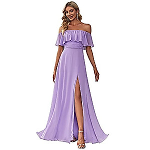 Ever-Pretty Womens Off-Shoulder Long A-line Side Slit Formal Prom Dresses with Sleeves Lavender US12