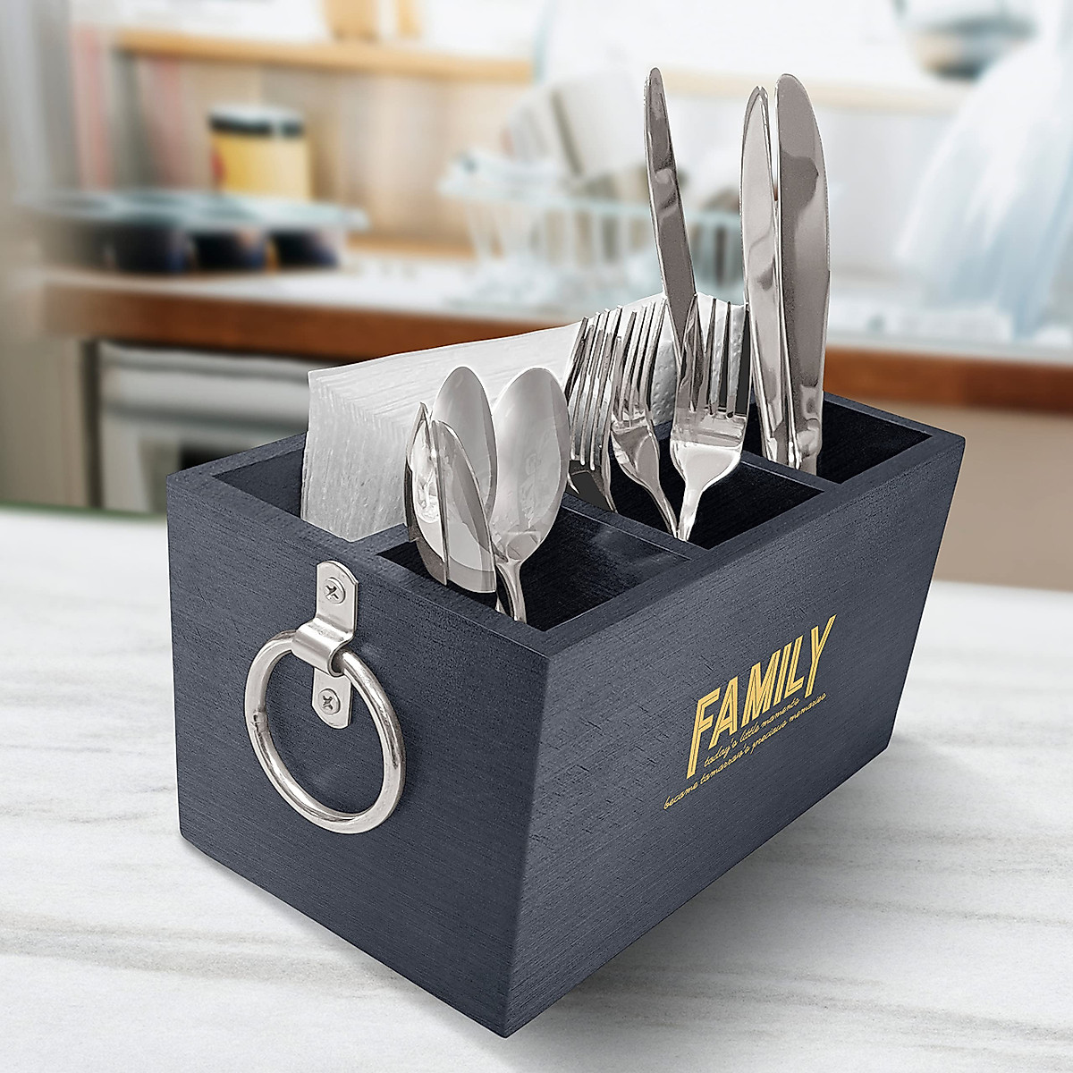 Krezy Case Family Quote Wood Utensil Caddy Cutlery Organizer, Silverware Holder, Large Utensil Flatware Organizer Box with 3 Compartments, Wood Utensil Holder
