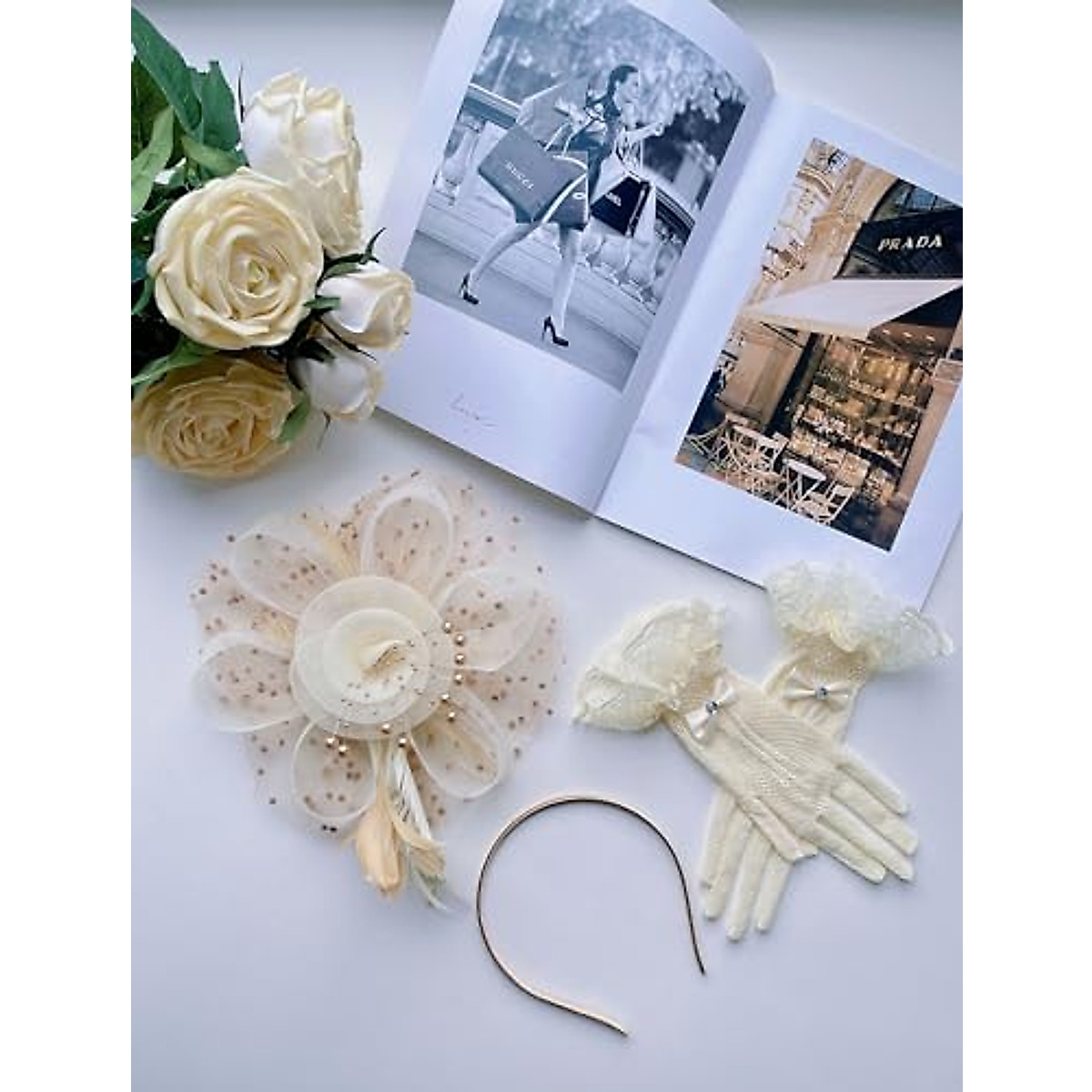 GurZinn Fascinator Hat Veil Kentucky Derby Hat Tea Party Bridal Wedding Veil Pillbox Hat and Lace Bowknot Gloves for Women