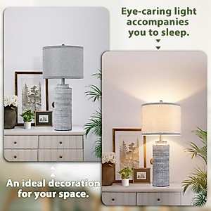 Set of 2 Ceramic Table Lamps, Modern 25.5”Tall Bedside Lamps with Grey Fabric Shade, Farmhouse Desk Lamps with Rotary Switch, Vintage Nightstand Lamps for Bedroom Living Room Home Office Study Hotel