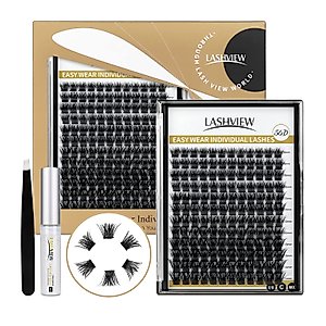 LASHVIEW DIY Lash Extension Kit,Cluster Lashes,Individual Cluster Lashes Soft and Lightweight, 0.10mm 9-14mm Mixed Reusable Wide Band Lash Cluster at Home