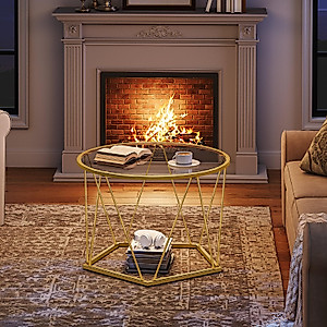 HOOBRO Coffee Table, Gold Glass Coffee Table for Living Room, 27.6" Round Coffee Table, 1 Layer Center Table, Metal Frame, Hexagonal Design, for Small Space, Reception Room, Apartment, Golden GD70KF01