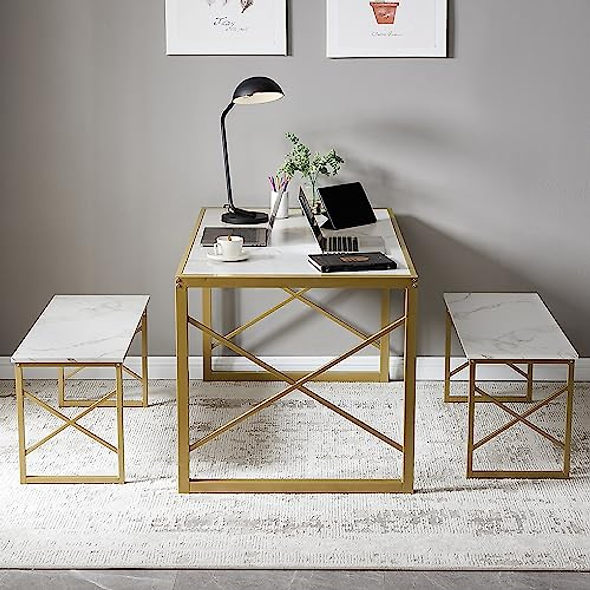 VECELO Kitchen Table with 2 Benches for 6,Wood Dining Room Dinette Sets with Metal Frame for Breakfast Nook and Small Space, 55", White&Gold