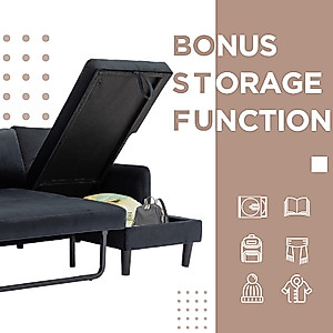 Akrenar Reversible Sectional Sofa with Storage, Modern Velvet Fabric Sleeper Sofa L-Shaped Couch, Sectional Couches for Living Room, Bedroom, Apartment,Office(Black)