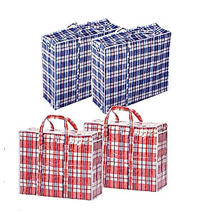 Set of 4 Extra-Large Jumbo Plastic Checkered Storage Laundry Shopping Moving Bags W. Zipper & Handles Size 27"x23"x5"- Color may vary