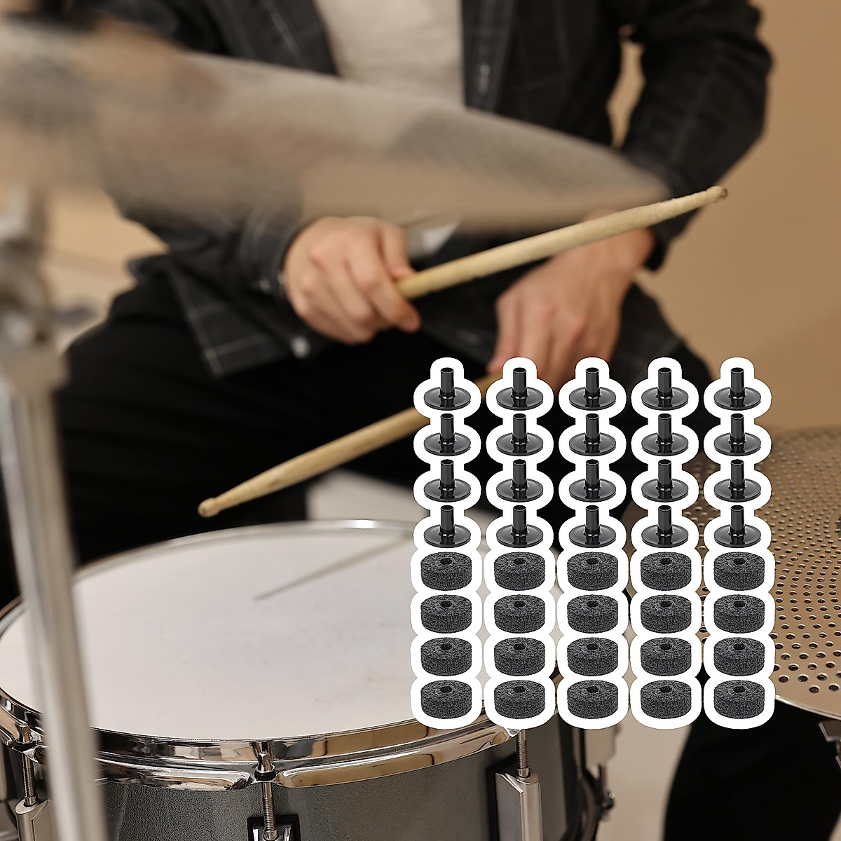 Yibuy Black Drum Set Replacement Parts Felt Washers + Plastic Long Flanged Cymbal Sleeves Pack of 20