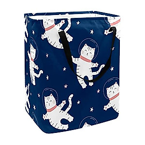 Fly in Space Cat Stars Print Collapsible Laundry Hamper, 60L Waterproof Laundry Baskets Washing Bin Clothes Toys Storage for Dorm Bathroom Bedroom