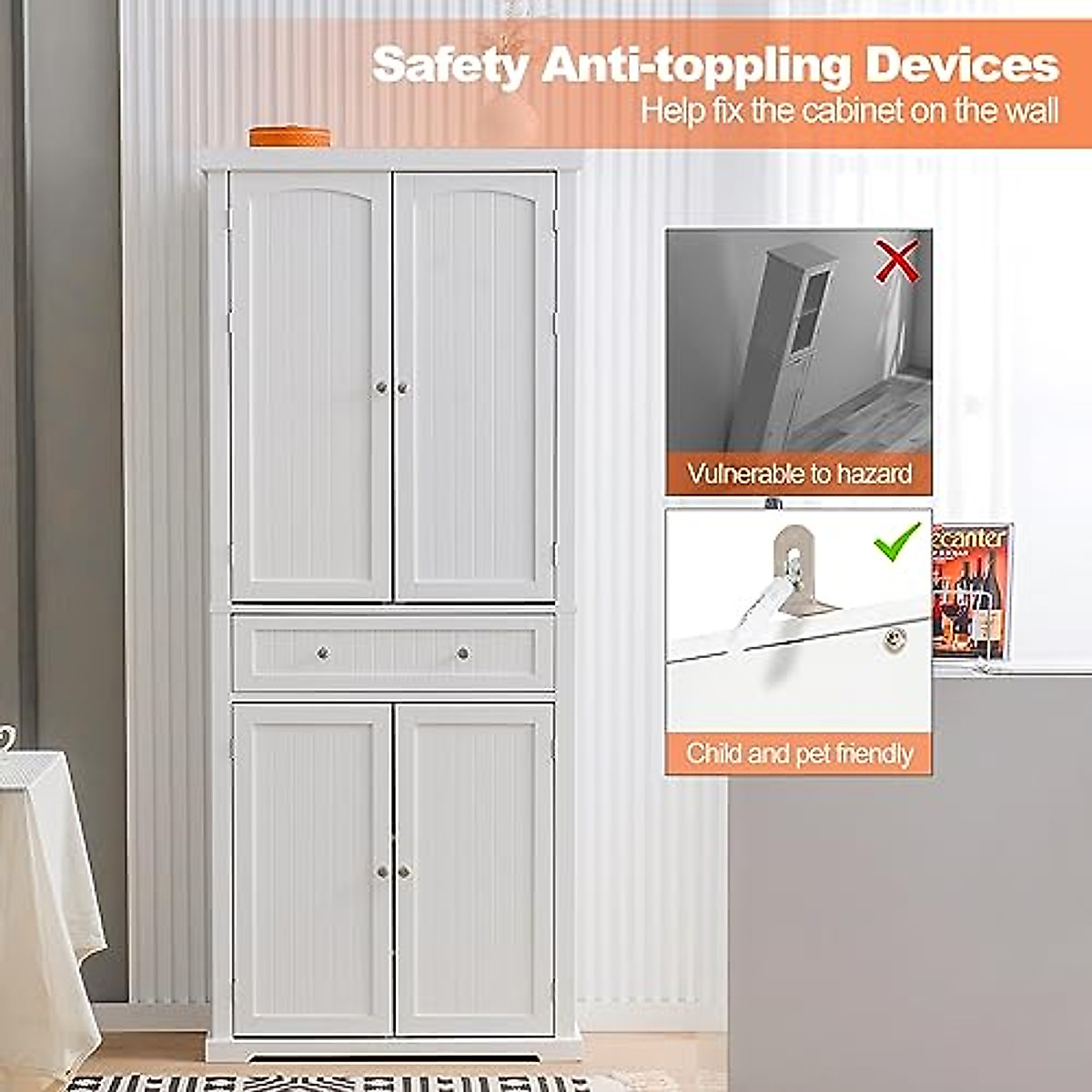 SILKYDRY 72" Tall Kitchen Pantry Cabinet, Freestanding Cupboard w/ 4 Doors & 1 Drawer, 6 Hanging Shelves & 4 Adjustable Shelves, Versatile Storage Cabinet for Dining Room, Laundry, Living Room, White