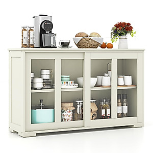 COSTWAY Buffet Sideboard with Storage, 2-Door Floor Cupboard with Sliding Tempered Glass Cabinet & Adjustable Shelf, Stackable Storage Cabinet for Kitchen, Entryway (Cream White)