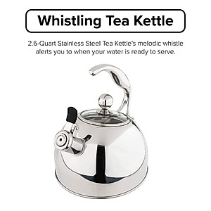 Viking Culinary 3-Ply Stainless Steel Whistling Tea Kettle, 2.6 Quart, Includes Tempered Glass Lid, Ergonomic Stay-Cool Handle, Works on All Cooktops including Induction, Mirror Finish