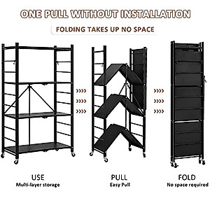 Foldable 4-Tier Heavy Duty Metal Storage Rack with Wheels, Organizer Shelves for Garage Kitchen, Easy Assembly, Freestanding Wire Shelf Rack for Pantry, Basement, and Closet Organization, Black