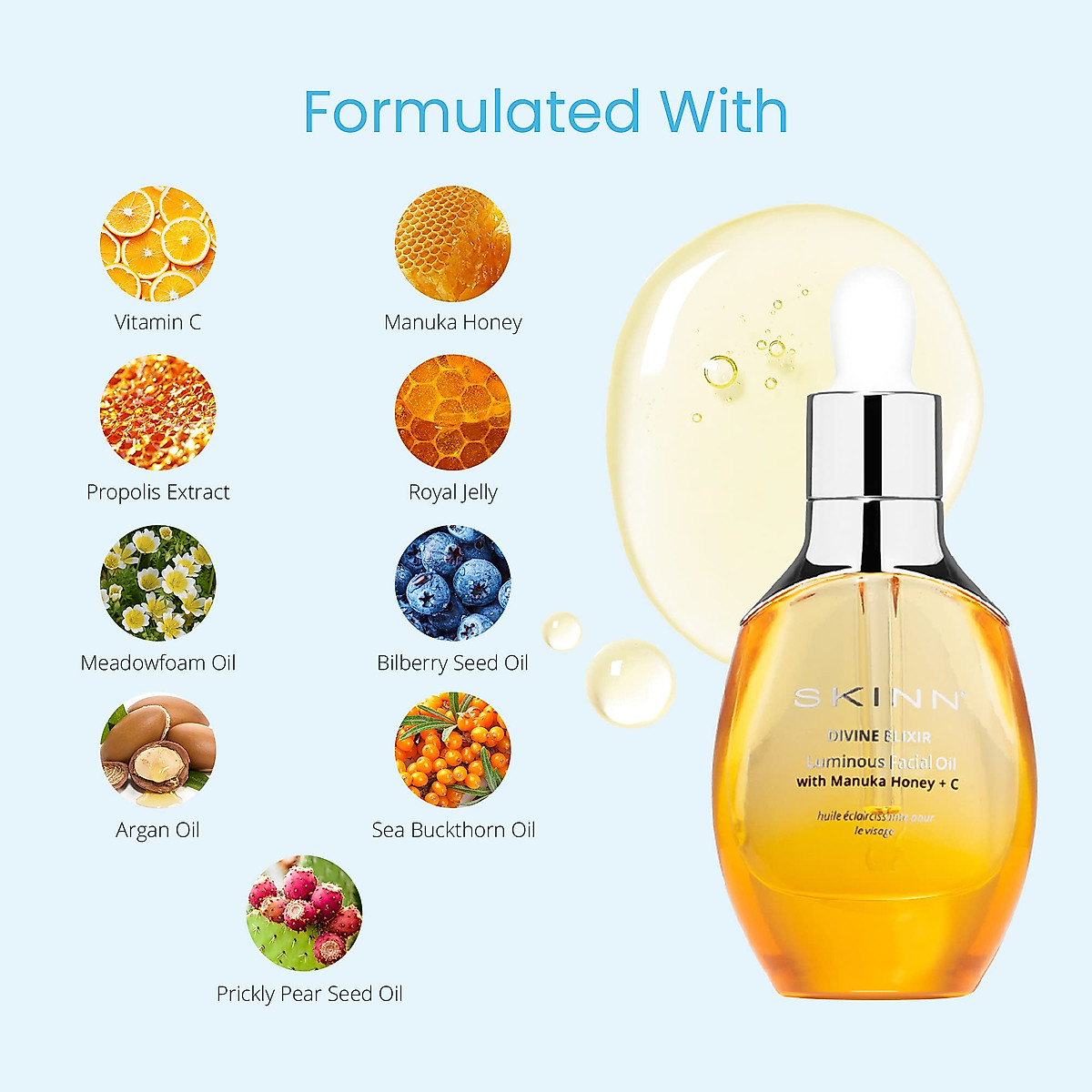 SKINN Luminous Facial Oil - Face Oil to Visibly Brighten, Firm, and Hydrate - Hydrating Oil for Anti-Aging and Dry Skin to Reduce Fine Lines, and Wrinkles - Vitamin C and Manuka Honey