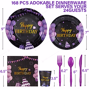 168 Pcs Purple and Black Birthday Party Supplies Tableware Set Party Plates, Knife,Forks,Spoons, Cups and Napkins Table Decorations for Women Girls Birthday Party Decorations, 24 Guests