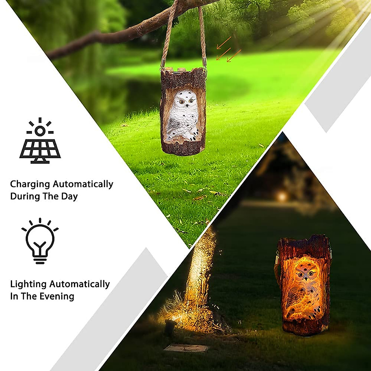 Solar Garden Lights Outdoor Decorative Owl Statue Lights Solar Hanging Lanterns Waterproof Owl Resin Lamp with Handle Solar Powered Decorative Lights for Patio, Yard, Lawn, Garden Decor( White Wing)