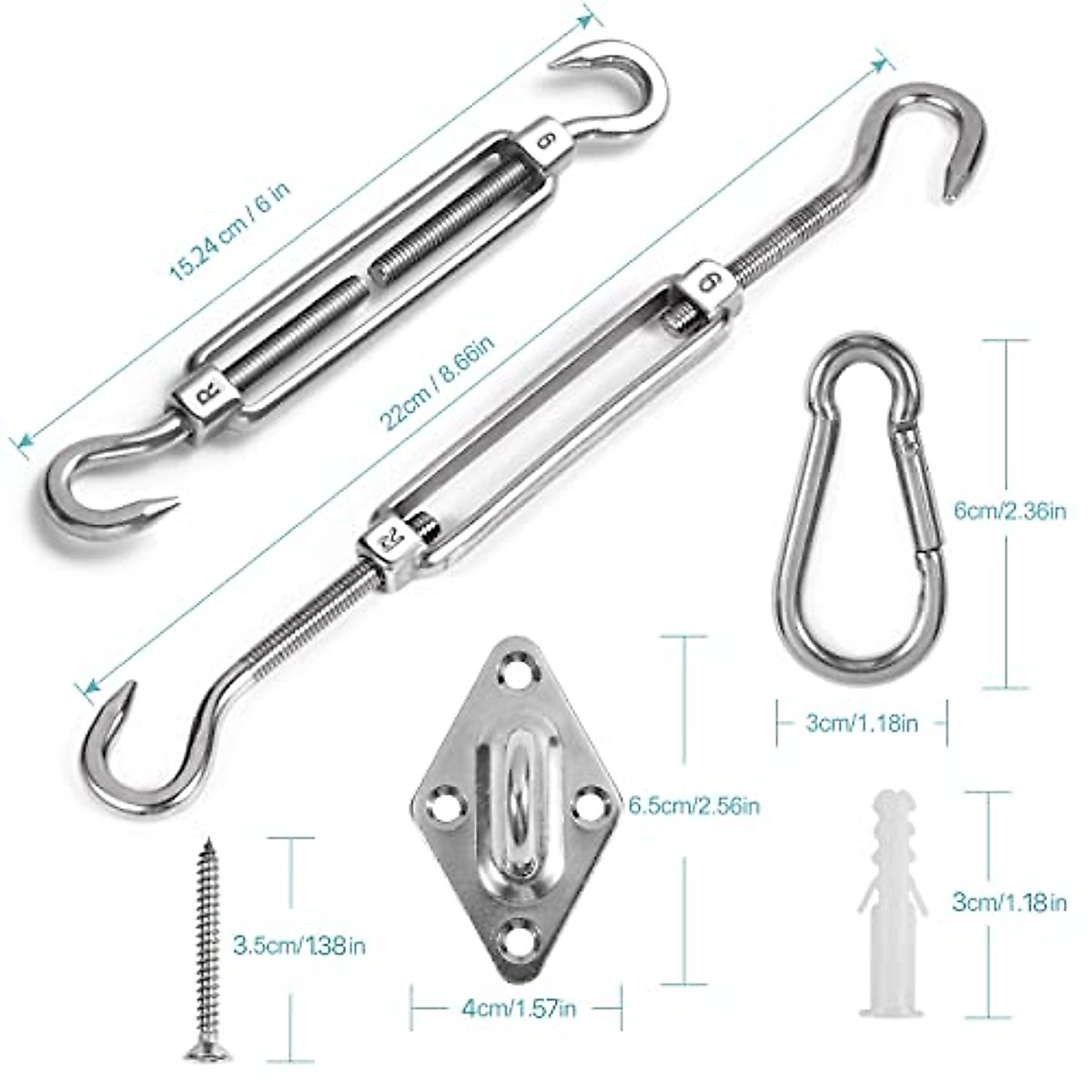 HOMPER Shade Sail Hardware Kit, Stainless Steel Sun Shade Hardware Kit Rectangle 6 inch, Heavy Duty Sun Shade Sail Fixing Accessories Awning Attachment Set for Garden Patio Outdoor