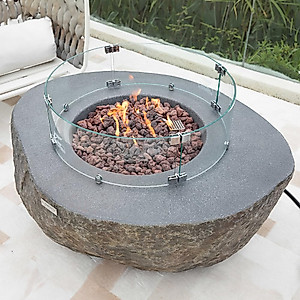 Boulder Concrete Fire Pit 43" x 35" Outdoor Patio Natural Gas Firepit Includes Lava Rocks Modern Fire Pits & Outdoor Fireplaces for Garden, Deck, Indoor & Outdoor Heating