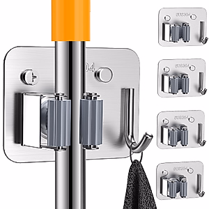 XCIXCI 4 Pack Stainless Steel Mop and Broom Holder Wall Mount with Hook, Screw Drilling Mop and Broom Hanger, Single Heavy Duty Storage Rack for Laundry Garage Closet Garden Tool Organizer, Silver
