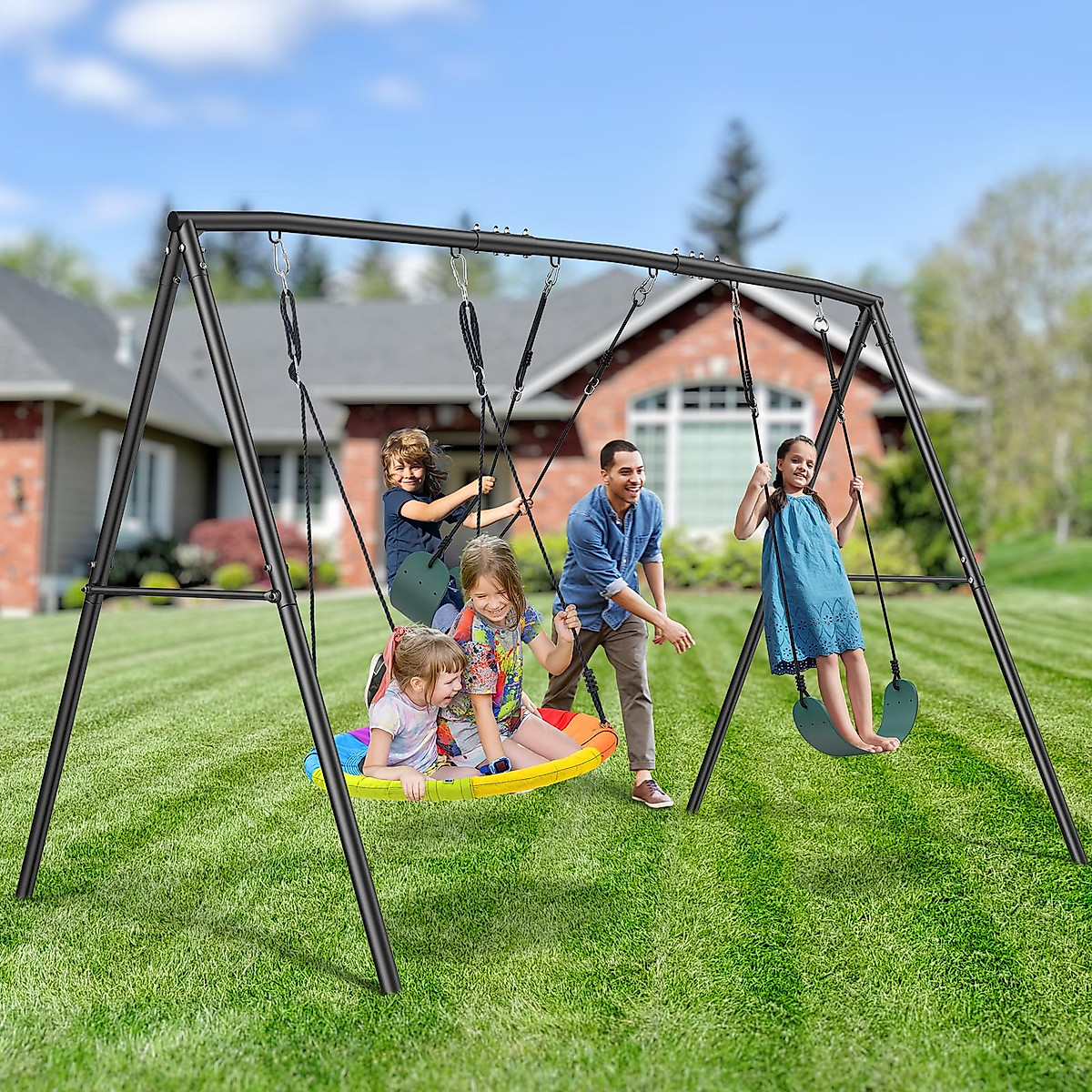 Hapfan 500lb Heavy Duty Swing Set for Backyard with Saucer Swing, 2 Belt Swings