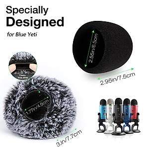 SUNMON Blue Yeti Pop Filter, Blue Yeti Microphone Covers Foam and Yeti Mic Furry Foam, Pop Filter for Blue Yeti Pro USB Condenser Microphone, Indoor Outdoor Pop Filter for Microphone（2 Pack）