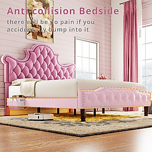 LIKIMIO Queen Size LED Bed Frame, Camas Queen with 58" Tall Tufted Headboard, Sturdy and Noiseless, No Box Spring Required, Pink