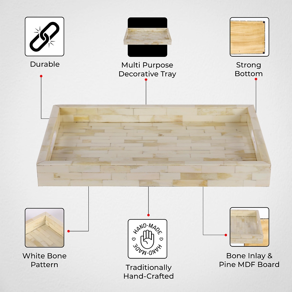 Handicrafts Home Classic Pattern Inspired Decorative Trays 11x17 - Chic White Centerpiece, Versatile Ottoman Tray for Modern Home Decor, Artistic Kitchen Serving Tray, Tray for Living Room