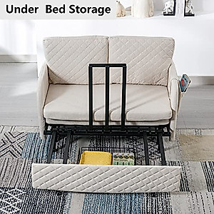 UFINEGO Sleeper Sofa Bed with Pull Out Couch Bed, Upholstery Linen Loveseat Sofa Couch, Modern Pull Out Couch with Under Bed Storage, 2 Pillows & Side Pocket for Living Room Apartment