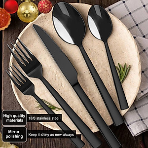 HaWare Black Silverware Set with Steak Knives, 48-Piece Stainless Steel Square Flatware Set for 8, Tableware Cutlery Set Includes Knives/Forks/Spoons, Modern & Elegant Design, Mirror Polished
