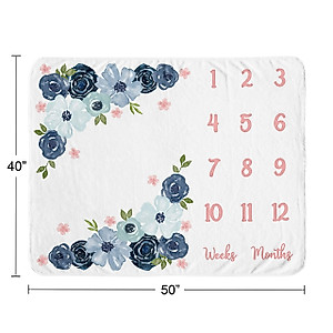 Sweet Jojo Designs Watercolor Floral Girl Milestone Blanket Monthly Newborn First Year Growth Mat Baby Shower Memory Keepsake Gift Picture - Navy Blue and Blush Pink Boho Shabby Chic Rose Flower