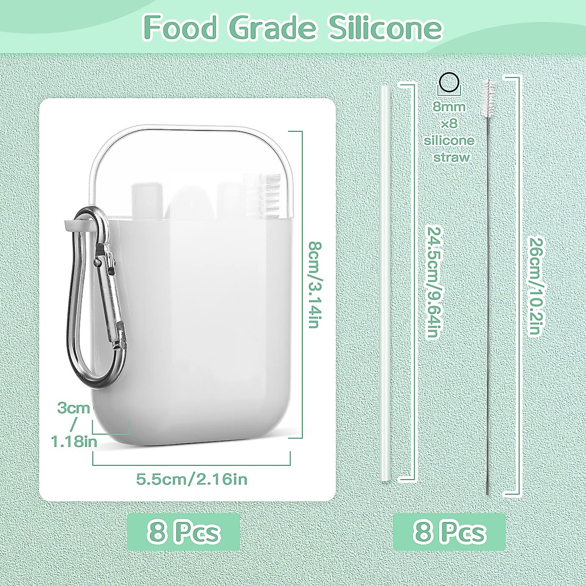 Nuenen 8 Packs Reusable Straws with Case Silicone Straws Reusable Collapsible Travel Straw Portable Folding Drinking Straw with Keychain Carry Pouch and Cleaning Brushes for Home Travel Party Drinks