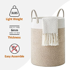 Cotton Rope Laundry Hamper by YOUDENOVA, 58L - Woven Collapsible Clothes Storage Basket for Blankets, Laundry Room Organizing, Bedroom, Brown & White