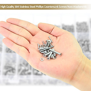 1504 Pieces Phillips Countersunk Head Machine Screws Nuts Washers Kit, Kindroufly M2 M3 M4 Screw Assortment Kit, Machine Screws, 304 Stainless Steel