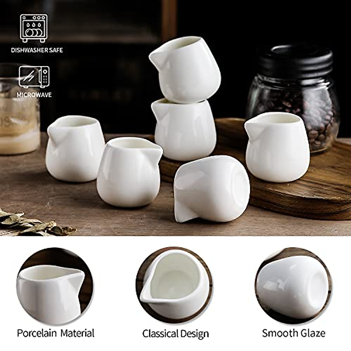 TAMAYKIM 3 oz Ceramic Cream Jugs, Mini Creamer Pitcher, White Porcelain Classic Creamers for Coffee, Tea, Milk, Jam, Sauces, 6 Pack