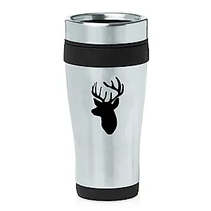 16oz Insulated Stainless Steel Travel Mug Coffee Mug Tumbler Deer Head with Antlers Hunting (Black)