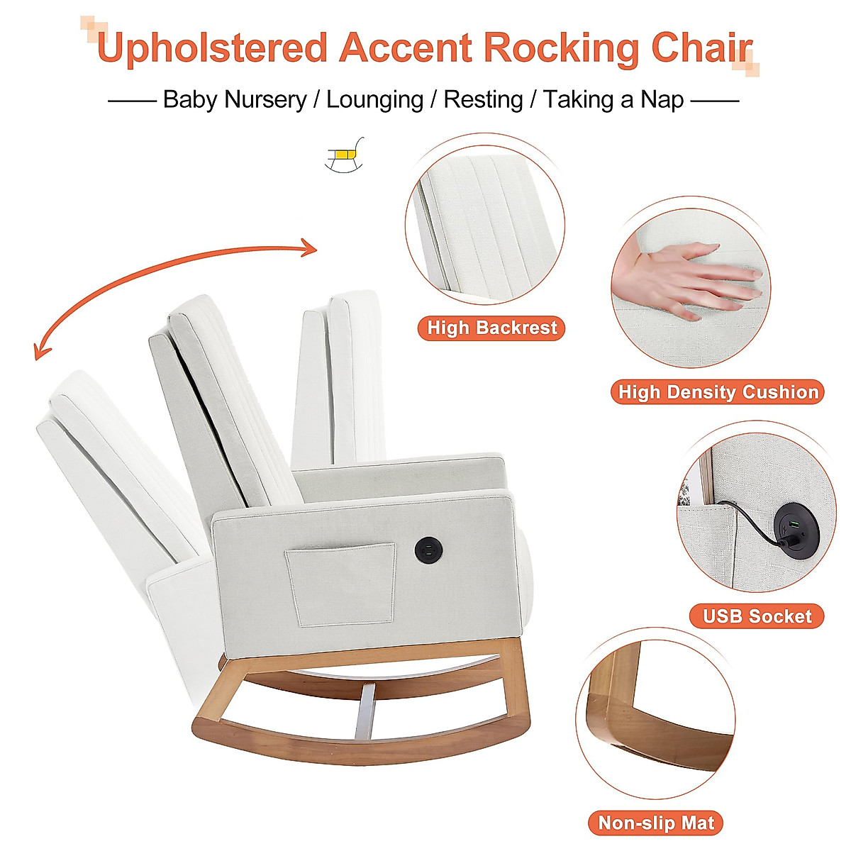 VECELO Rocking Chair, Upholstered Glider Rocker for Nursery Comfy Armchair with Safe Solid Wood Base/USB Port/Side Pocket for Living Room Bedroom Balcony Home Office, Off-White