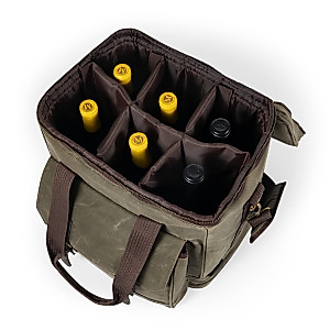 LEGACY - a Picnic Time Brand - Weekender Distressed Waxed Canvas 6 Bottle Insulated Wine Bag, Soft Cooler Wine Tote Bag, Wine Picnic Bag, (Khaki Green)