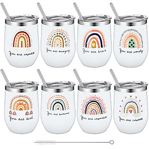 Mifoci 8 Pcs Inspirational Gifts for Women Bulk 12 oz Boho Rainbow Wine Tumbler Cups Vacuum Insulated Stainless Steel Coffee Mugs with Lids Straws Brushes Thank You Gifts for Coworkers Teacher Friend