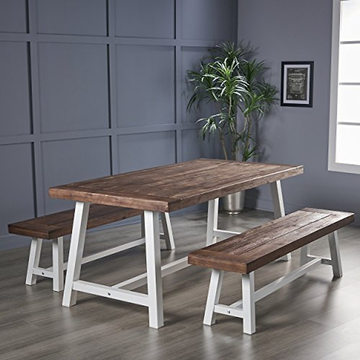 GDFStudio Cytheria Indoor Farmhouse 3 Piece Acacia Wood Picnic Set Finish Frame, Sandblast Dark Brown + White Rustic Metal