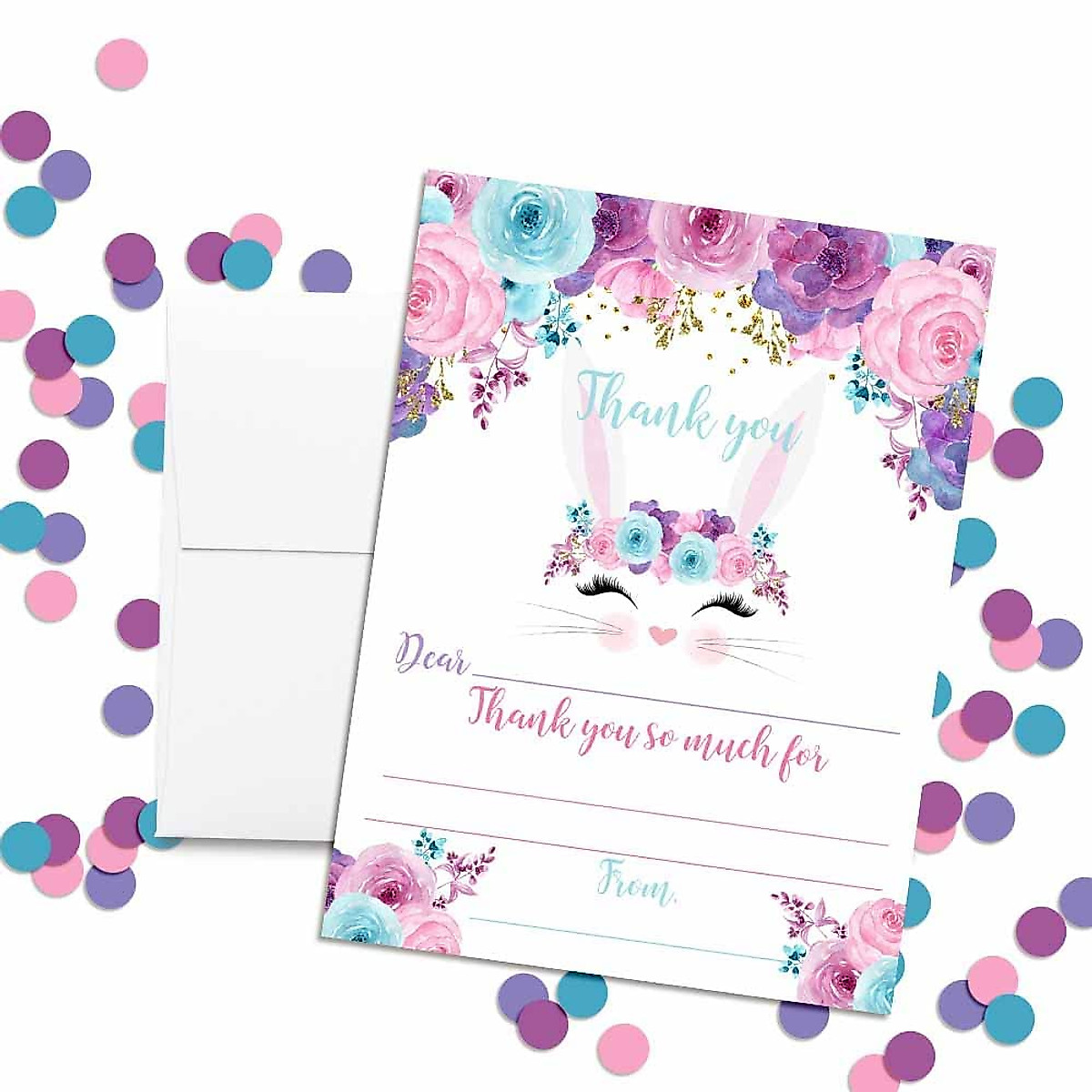 Bunny Face with Pink Blue and Purple Watercolor Flowers Birthday Thank You Notes, Ten 4" x 5.5" Fill In The Blank Cards with 10 White Envelopes by AmandaCreation