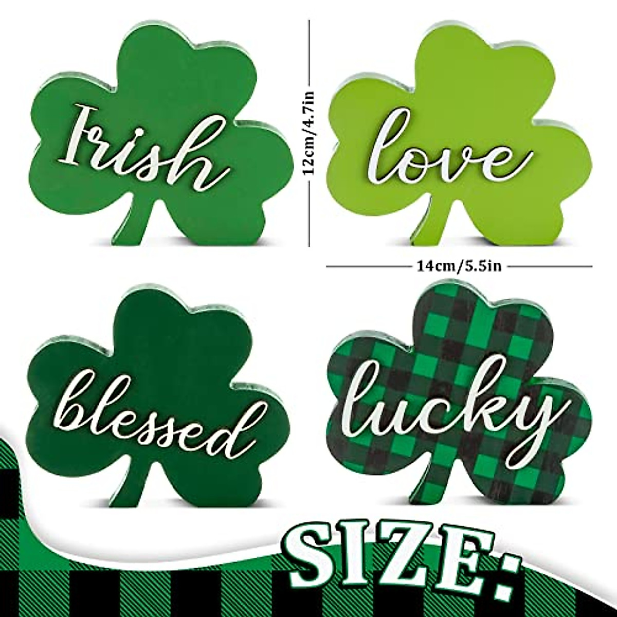 Whaline 4Pcs St. Patrick's Day Table Wood Sign Shamrock 3D Lucky Irish Wooden Sign Buffalo Plaid Clover Freestanding Tabletop Centerpiece for Tiered Tray Desk Office Home Party Decor